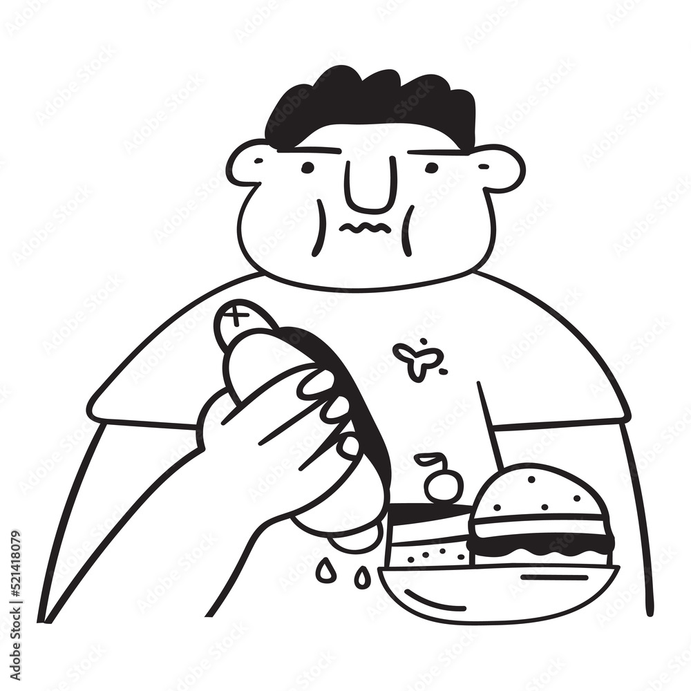 Fat man eat fast food. Outline vector illustration on white background ...