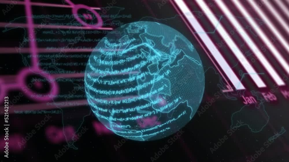 Animation of digital globe, multiple graphs, computer language against ...