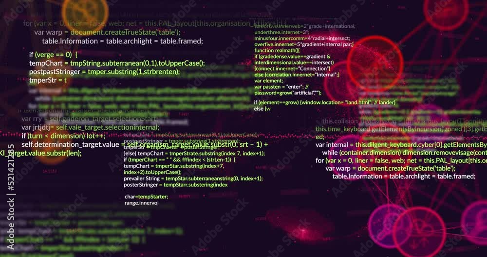 Animation of digital computer icons interconnecting with lines and programming language data ...