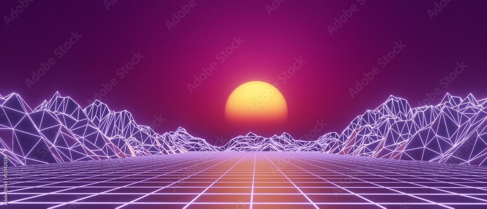 ภาพประกอบสต็อก concept of synthwave retro neon purple grid background ...