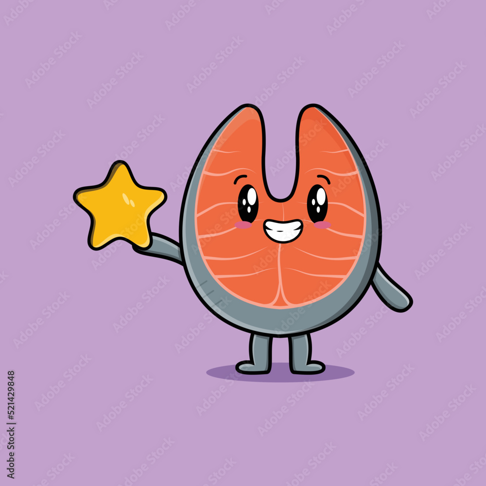 Cute cartoon fresh salmon character holding big golden star in cute ...