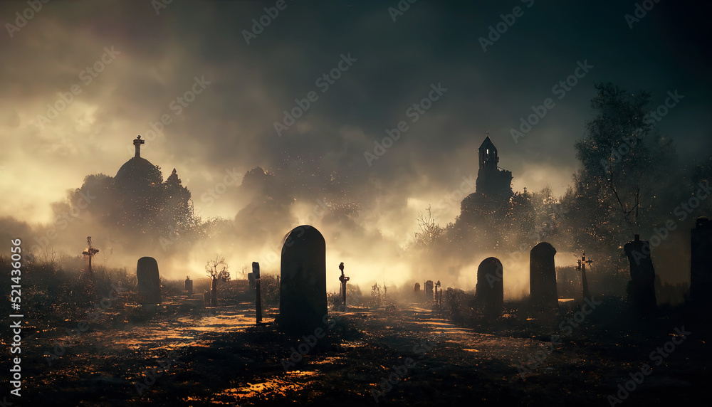 Gloomy night cemetery, stone monuments. Sky with clouds, fog. Dramatic ...