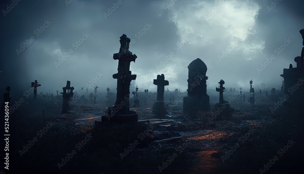 Gloomy night cemetery, stone monuments. Sky with clouds, fog. Dramatic ...