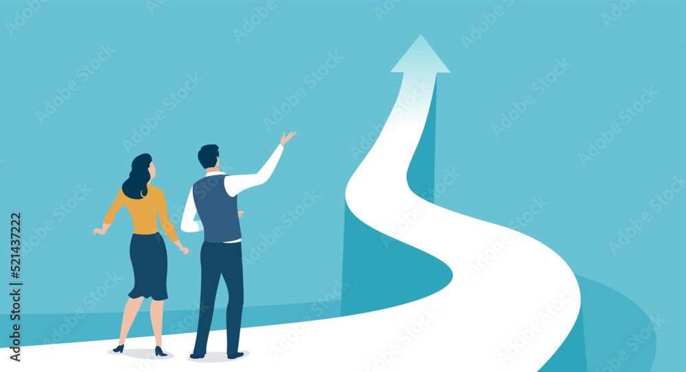 Planning. A common path. The man points to rising arrow, common goal ...