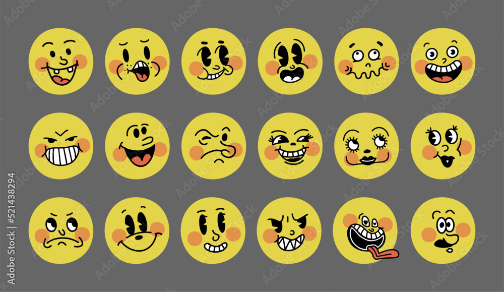 Smiley retro emoji. The faces of cartoon characters of the 30s big set ...
