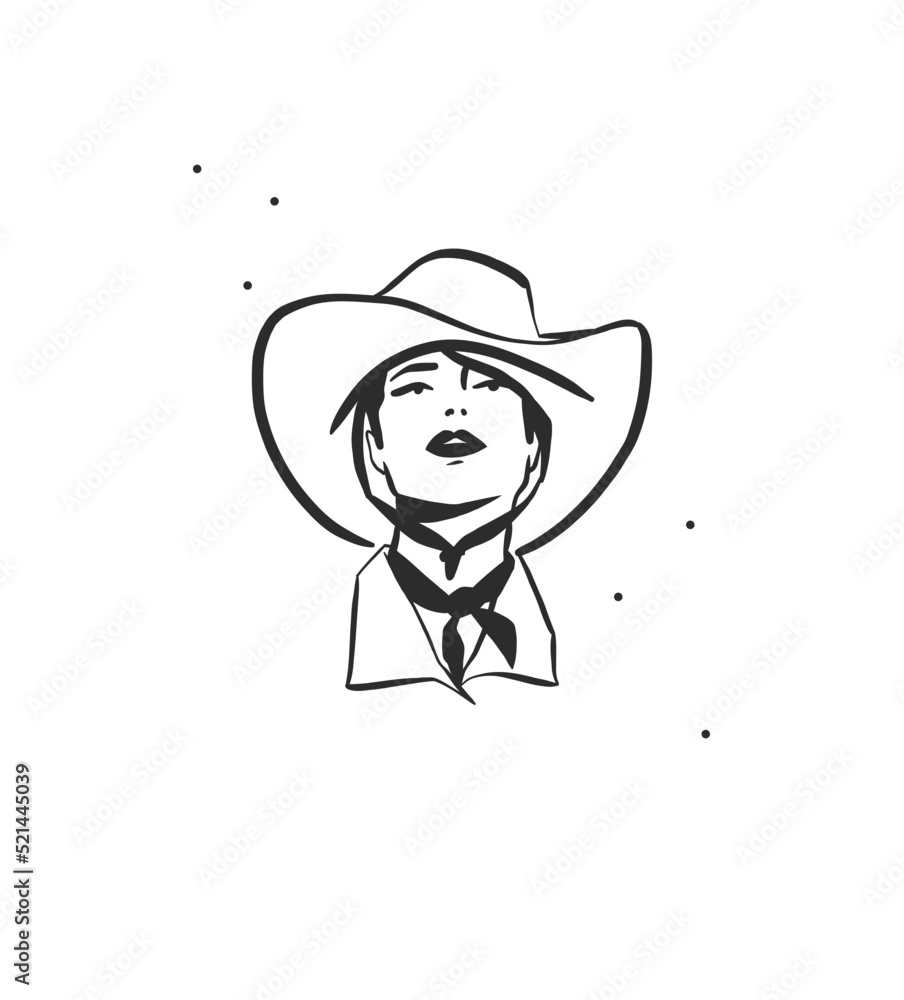 Hand drawn abstract vector graphic clipart illustration boho cowgirl in ...