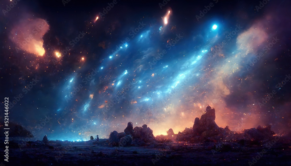 Raster illustration of desert planet with shining alien objects and ...