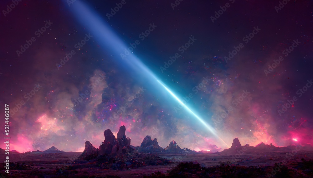 Raster illustration of starry sky in science fiction style. Bright blue ...