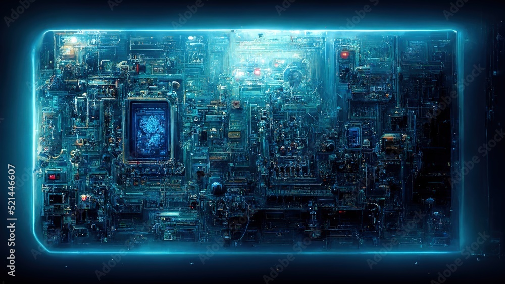 Raster illustration of motherboard of the distant future. Superhuman ...
