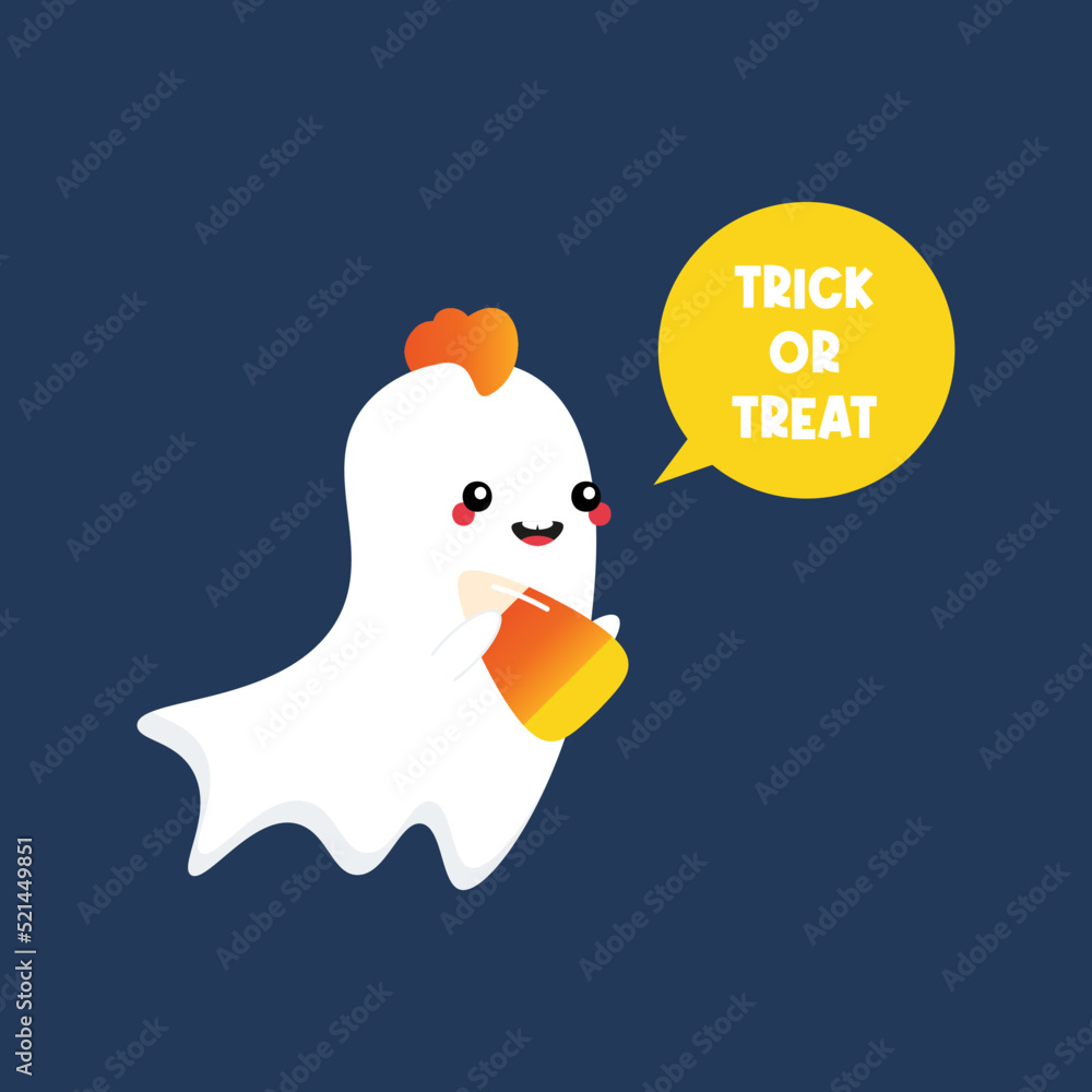 Cute cartoon style ghost holding candy corn in hand, saying trick or ...
