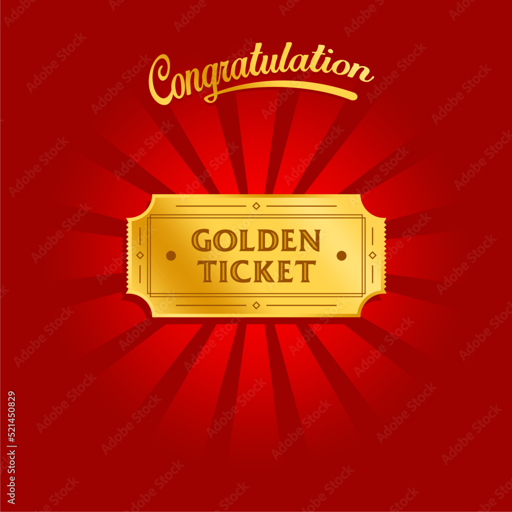 Golden ticket vector. Shiny Golden ticket on a background of rays of ...