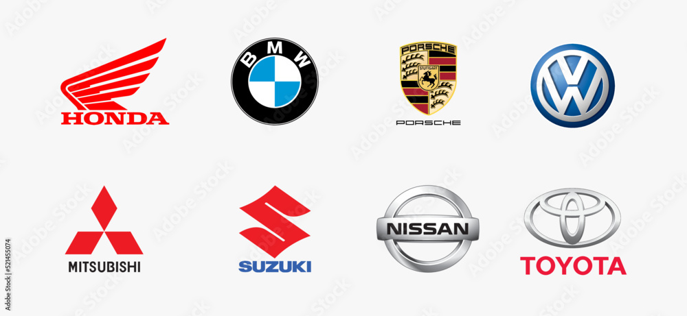 Best automotive brands logo. Honda, Suzuki, Mitsubishi, BMW, Volkswagen ...