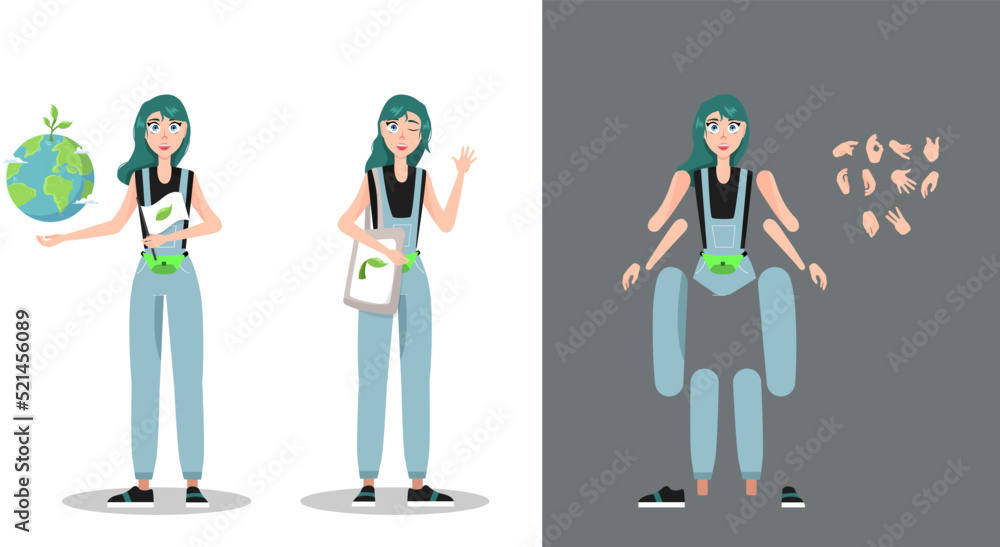 Girl eco activist holds the earth in her hands. A set for creating an ...