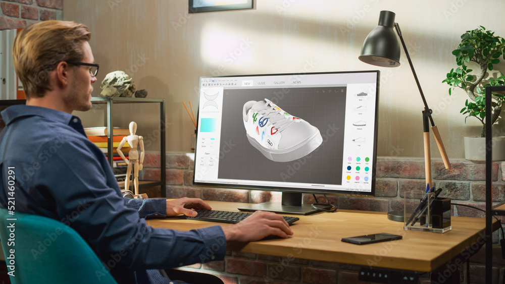 Young Male Footwear Designer Works on 3d Model of Shoe and Change ...
