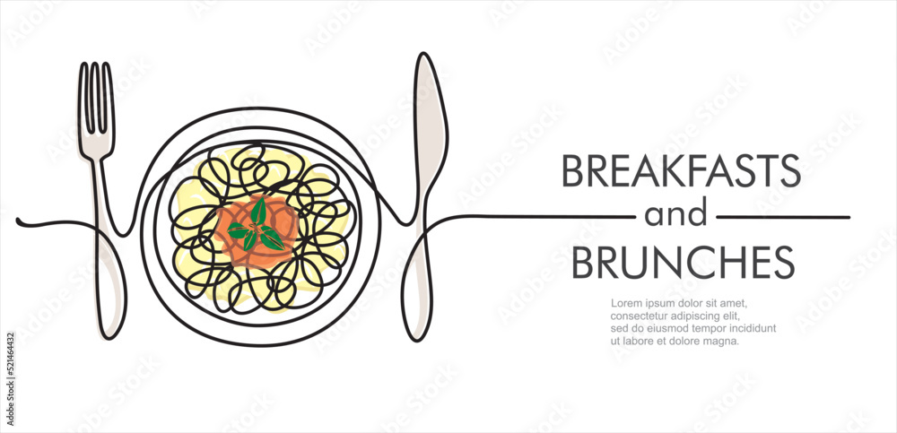 Single continuous line drawing of delicious spaghetti with fork and ...