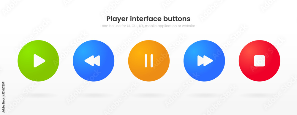 3D multimedia music player buttons, icons. Sound, voice, play, pause, skip, stop sign for mobile ...