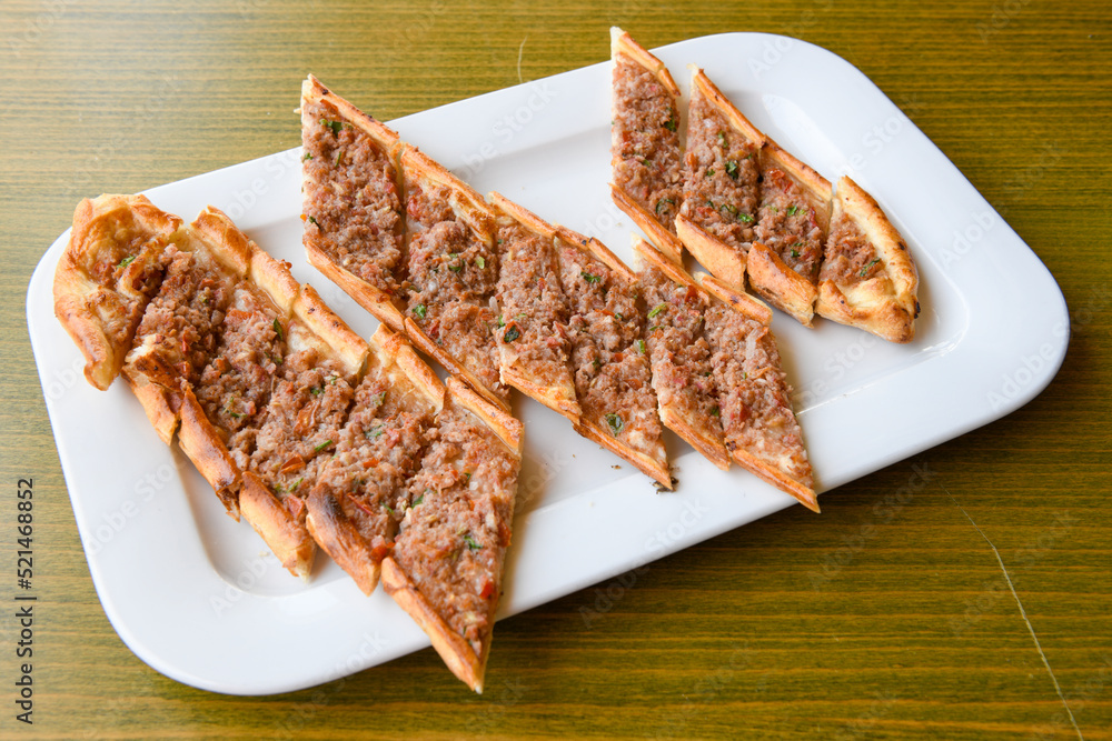 Turkish pita with minced cubed meat and cheese (Turkish name: Kiyma ...