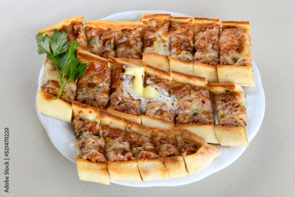 Turkish pita with minced cubed meat and cheese (Turkish name: Kiyma ...
