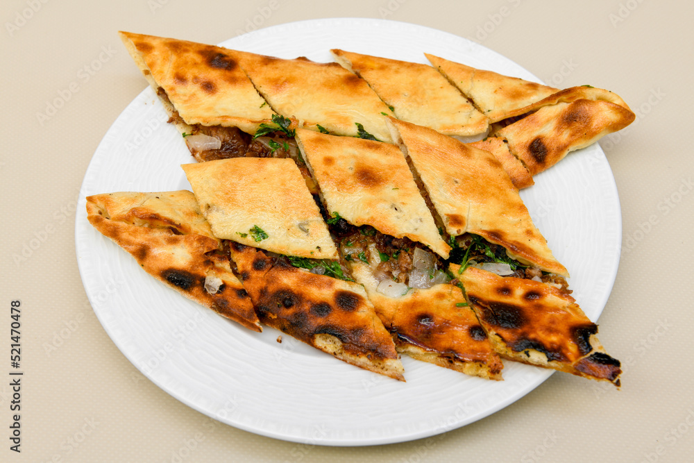 Turkish pita with minced cubed meat and cheese (Turkish name: Kiyma ...