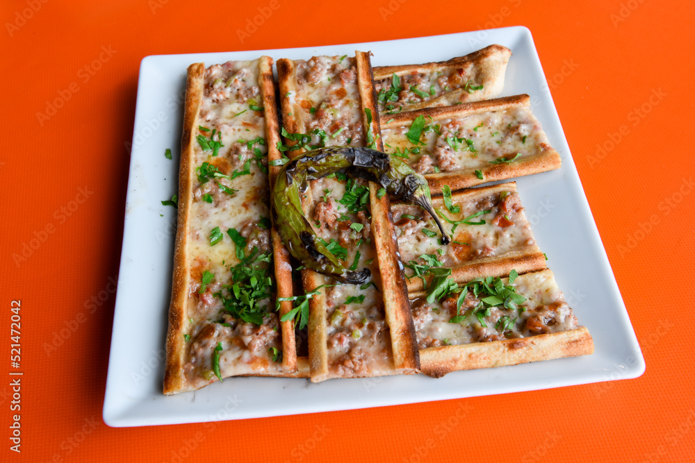 Turkish pita with minced cubed meat and cheese (Turkish name: Kiyma ...