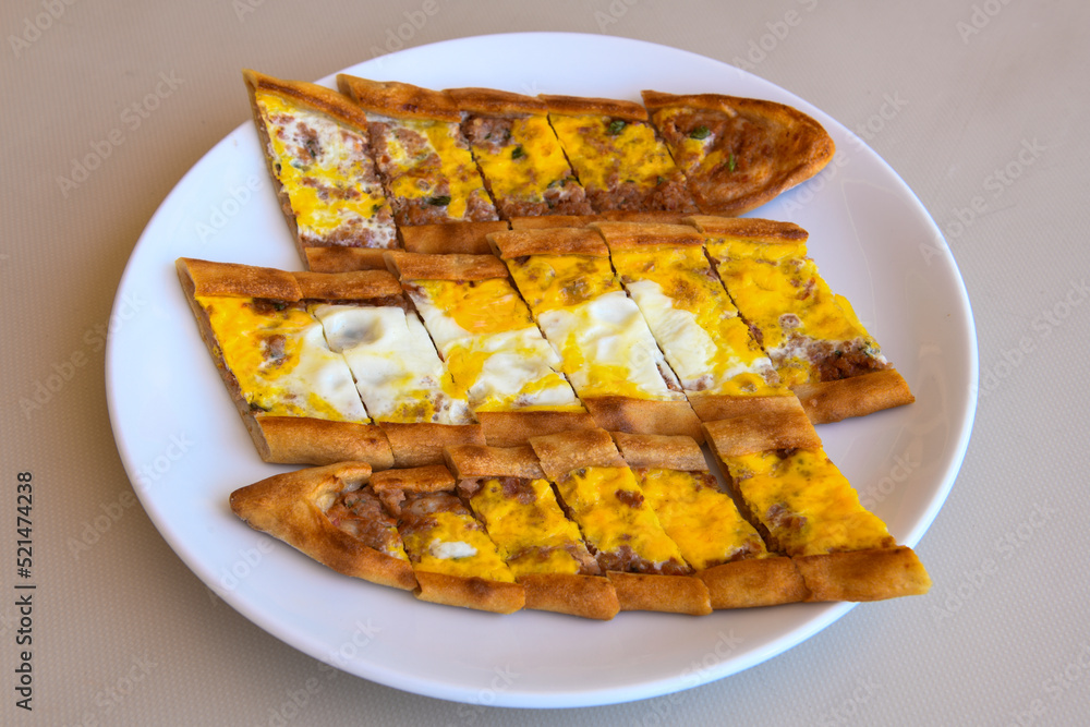 Turkish pita with minced cubed meat and cheese (Turkish name: Kiyma ...