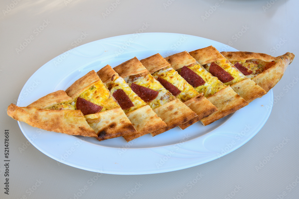 Turkish pita with minced cubed meat and cheese (Turkish name: Kiyma ...
