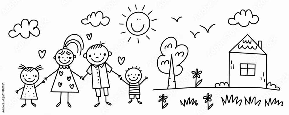 Children's drawing of a happy family. Mom, Dad, kids vector drawing by ...