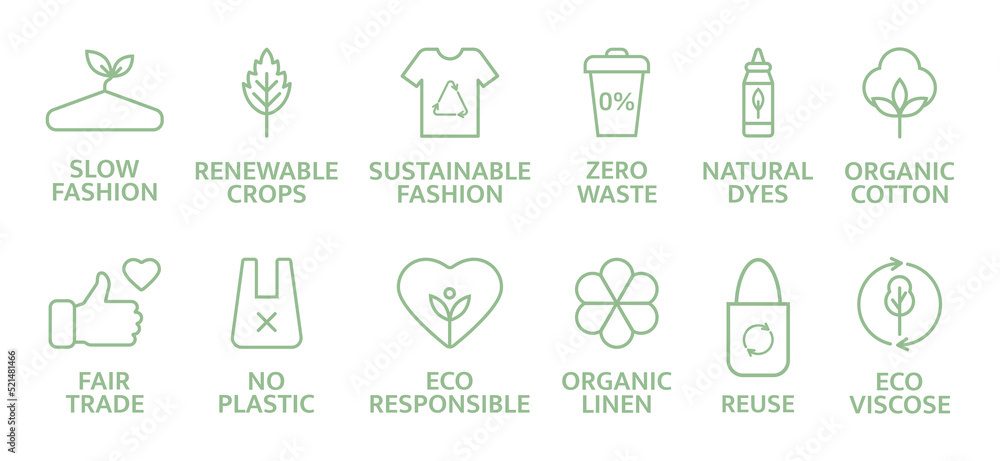 Sustainable clothes line icon set. Eco viscose product logo. Slow ...