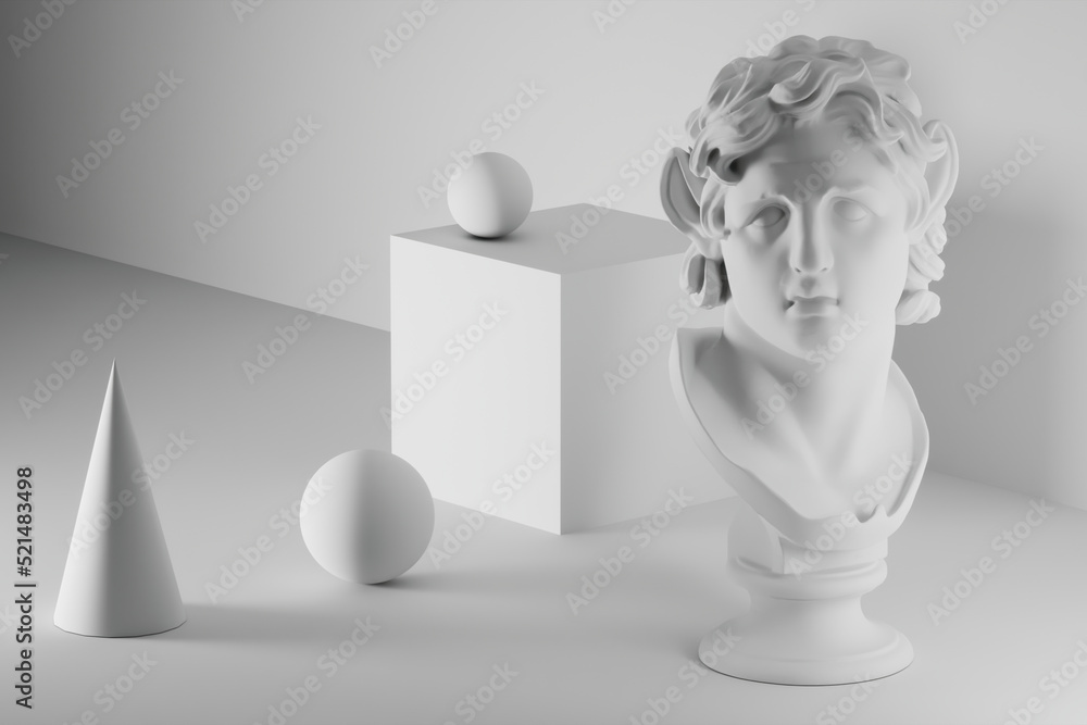 classical installation still life, with antique sculpture triton head ...