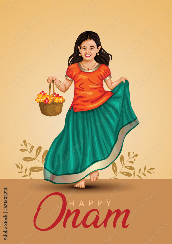 happy Onam celebration with vector illustration design of Kerala girl ...