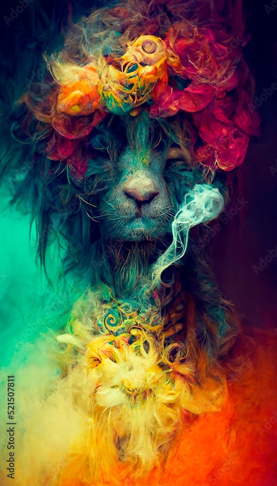 Poster A fantasy lion rastaman with dreadlocks and with colorful colors ...
