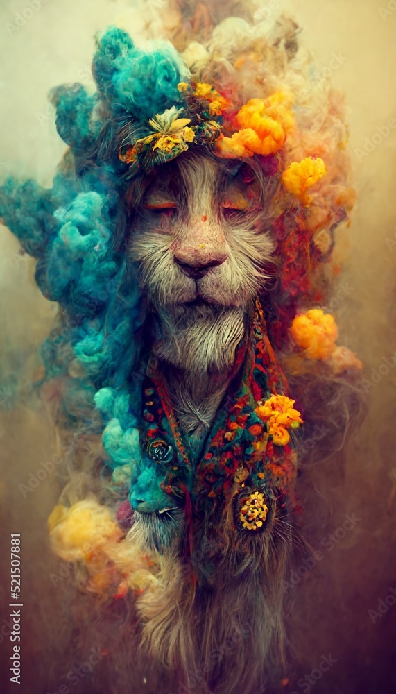 A fantasy lion rastaman with dreadlocks and with colorful colors ...