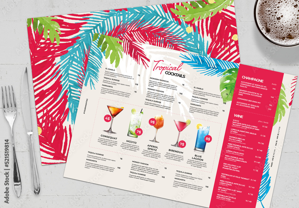 Vibrant Tropical Landscape Cocktail Bar Menu Layout Stock Template ...