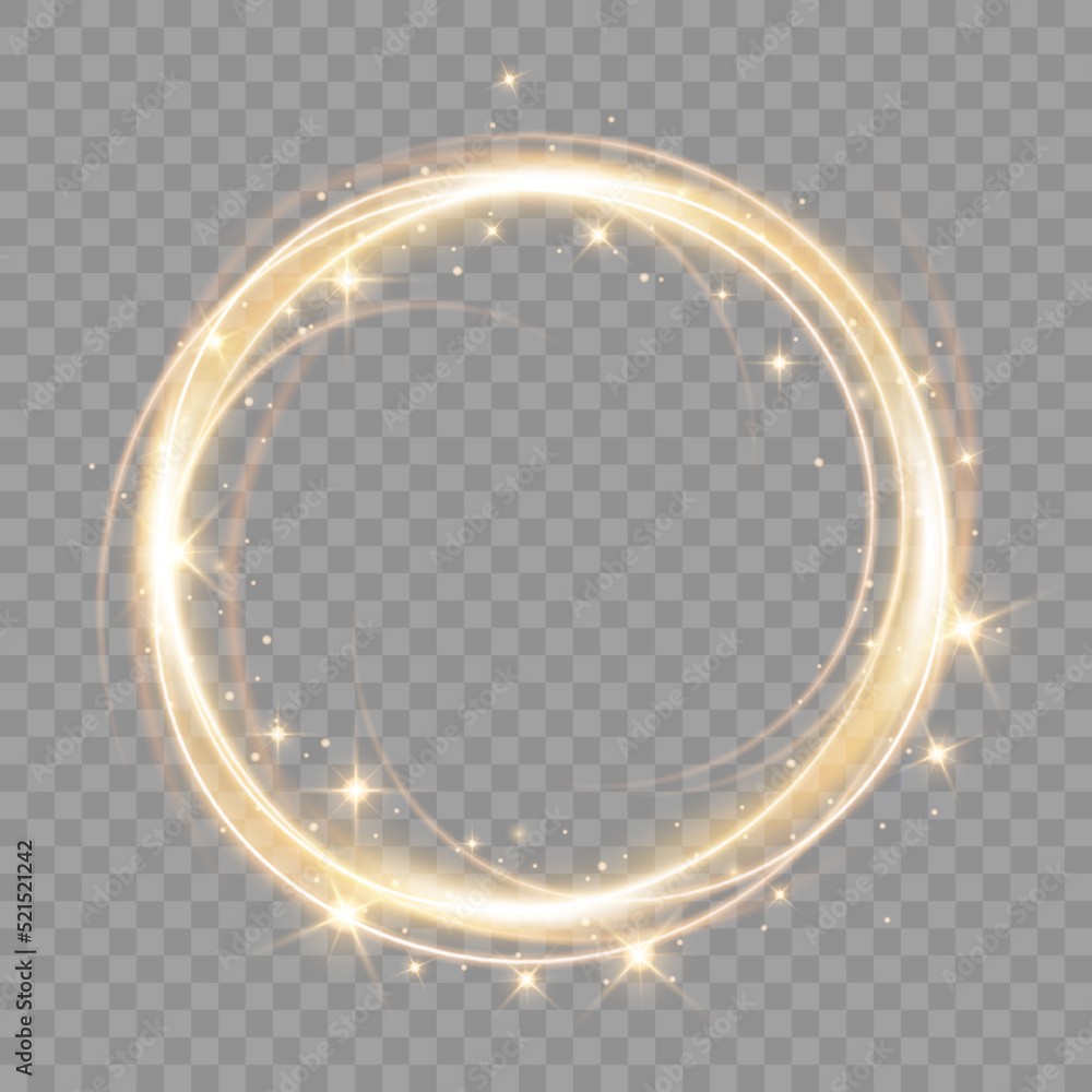 Fire light circle trail of sparkling gold glitter, vector glow flare swirl on transparent ...