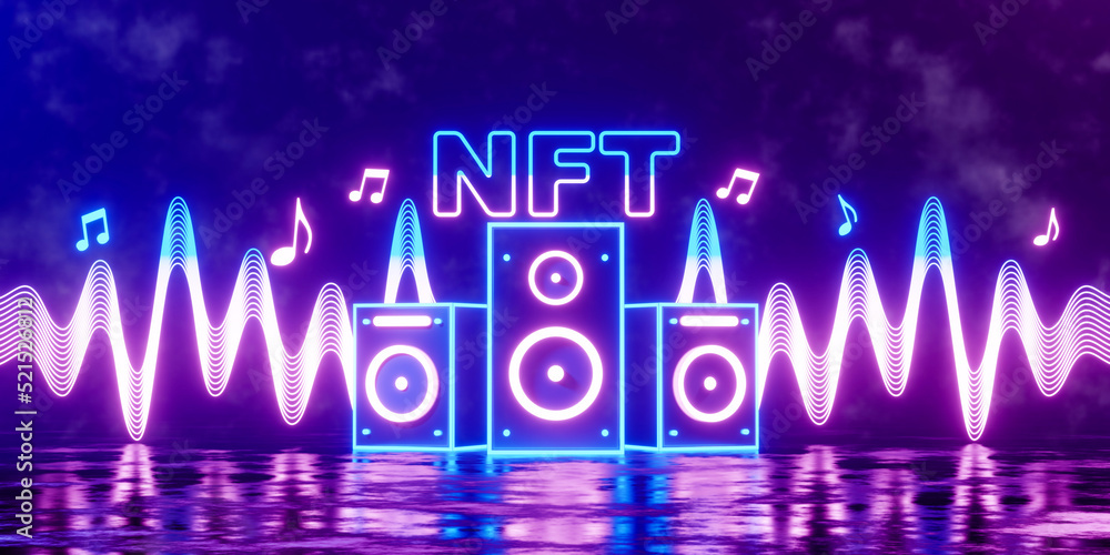 3d rendering concept NFT or non fungible token for music. Neon stereo ...