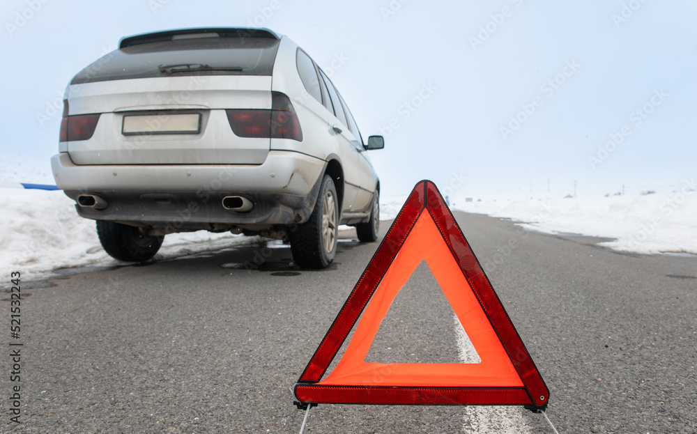 Red emergency stop sign and broken car Stock Photo | Adobe Stock