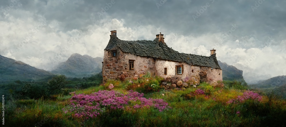 Imaginative Scottish stone wall cottage and enchanted dreamy surrealism ...