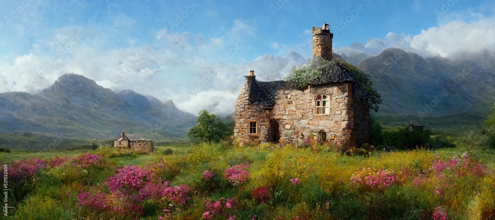 Imaginative Scottish stone wall cottage and enchanted dreamy surrealism ...
