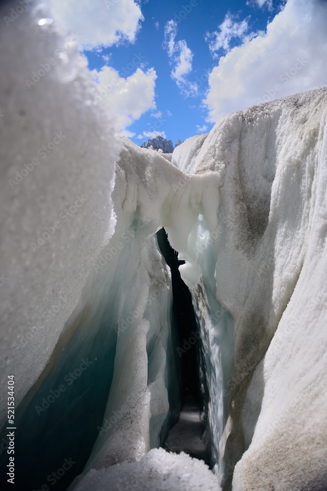 A beautiful yet dangerously hidden crevasse of melting Biafo Glacier in ...