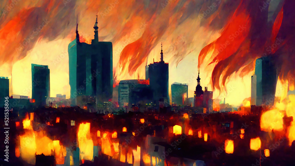City on fire, buildings crumbling, flames reaching into the sky Stock ...