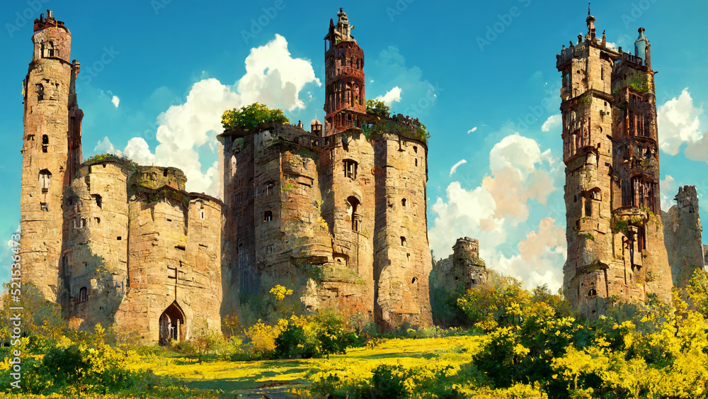 Painting of a medieval castle topped by a red spear next to a tower in ...