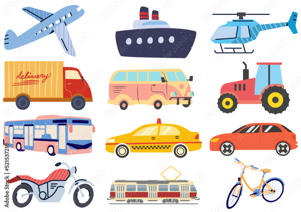 Vector illustration of various types of transport Stock Vector | Adobe ...