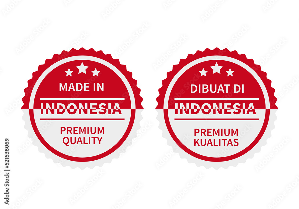 Made in Indonesia round labels in English and in Indonesian languages ...