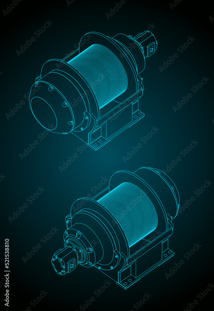 Large hydraulic winch isometric drawings Stock Vector | Adobe Stock