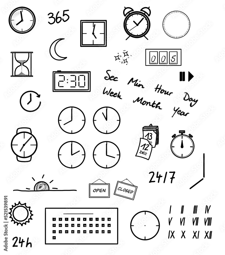 36x Zeit Uhr Termine Uhrzeit Tageszeit - Set - Grafiken, Icons, Zeichen ...
