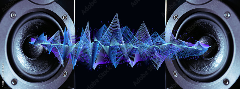 Modern powerful audio speakers and sound waves on dark background ...