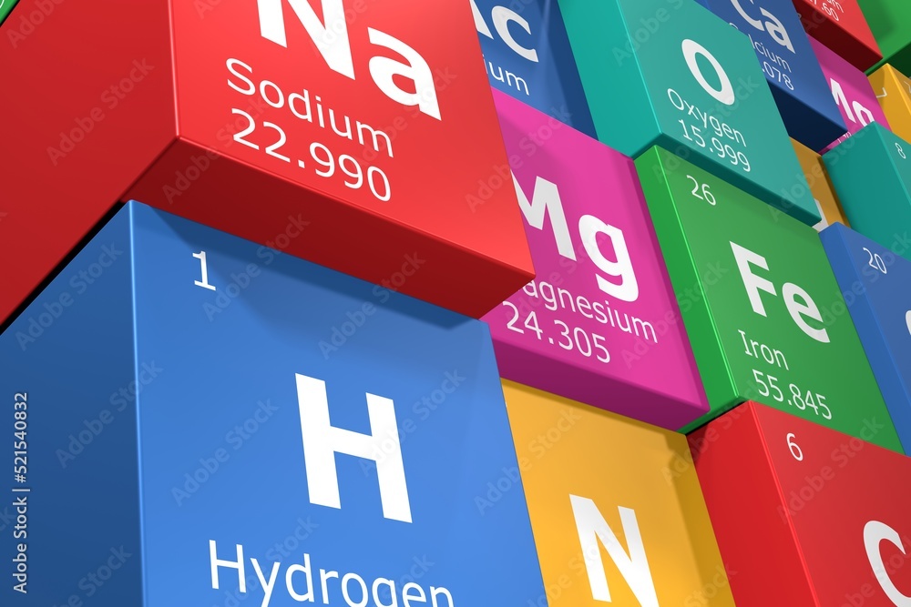 3D illustration of cubes of the elements of the periodic table, sodium ...