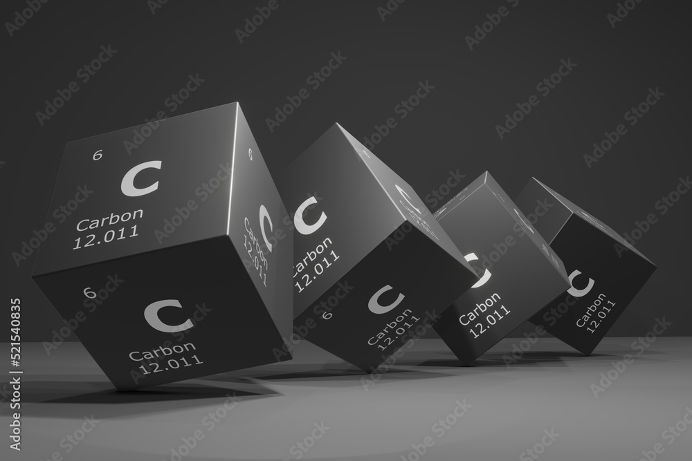 3D illustration of carbon, chemical element of the periodic table ...