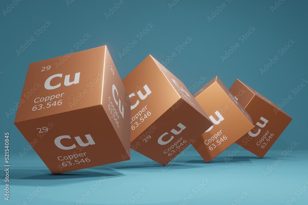 3D illustration of copper, chemical element of the periodic table ...