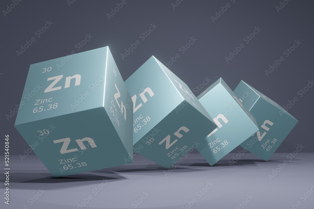 3D illustration of zinc, chemical element of the periodic table ...
